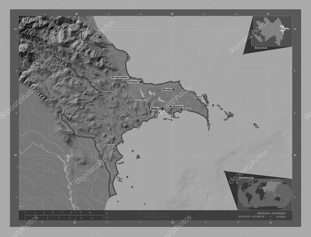 Absheron, región de Azerbaiyán. Mapa de elevación de Bilevel con lagos ...