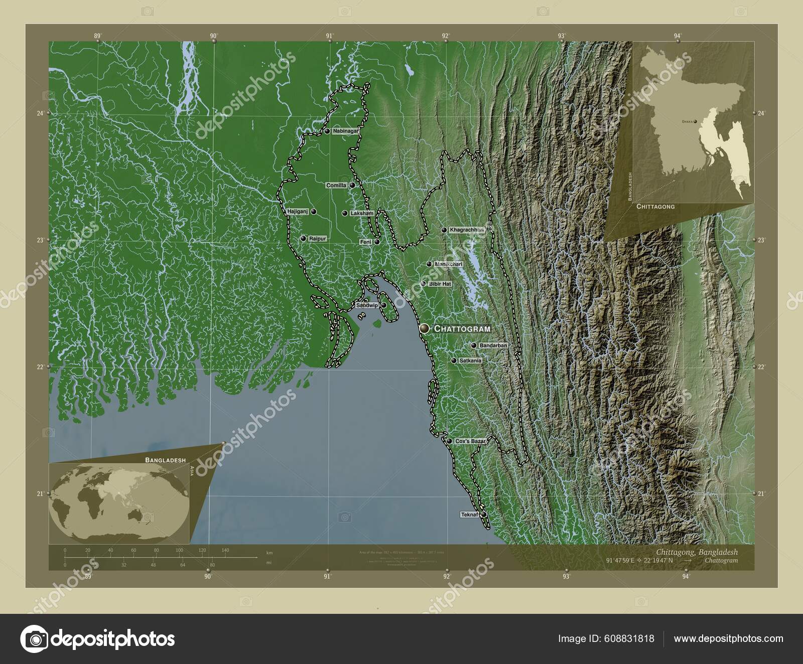 Chittagong Division Bangladesh Elevation Map Colored Wiki Style Lakes ...