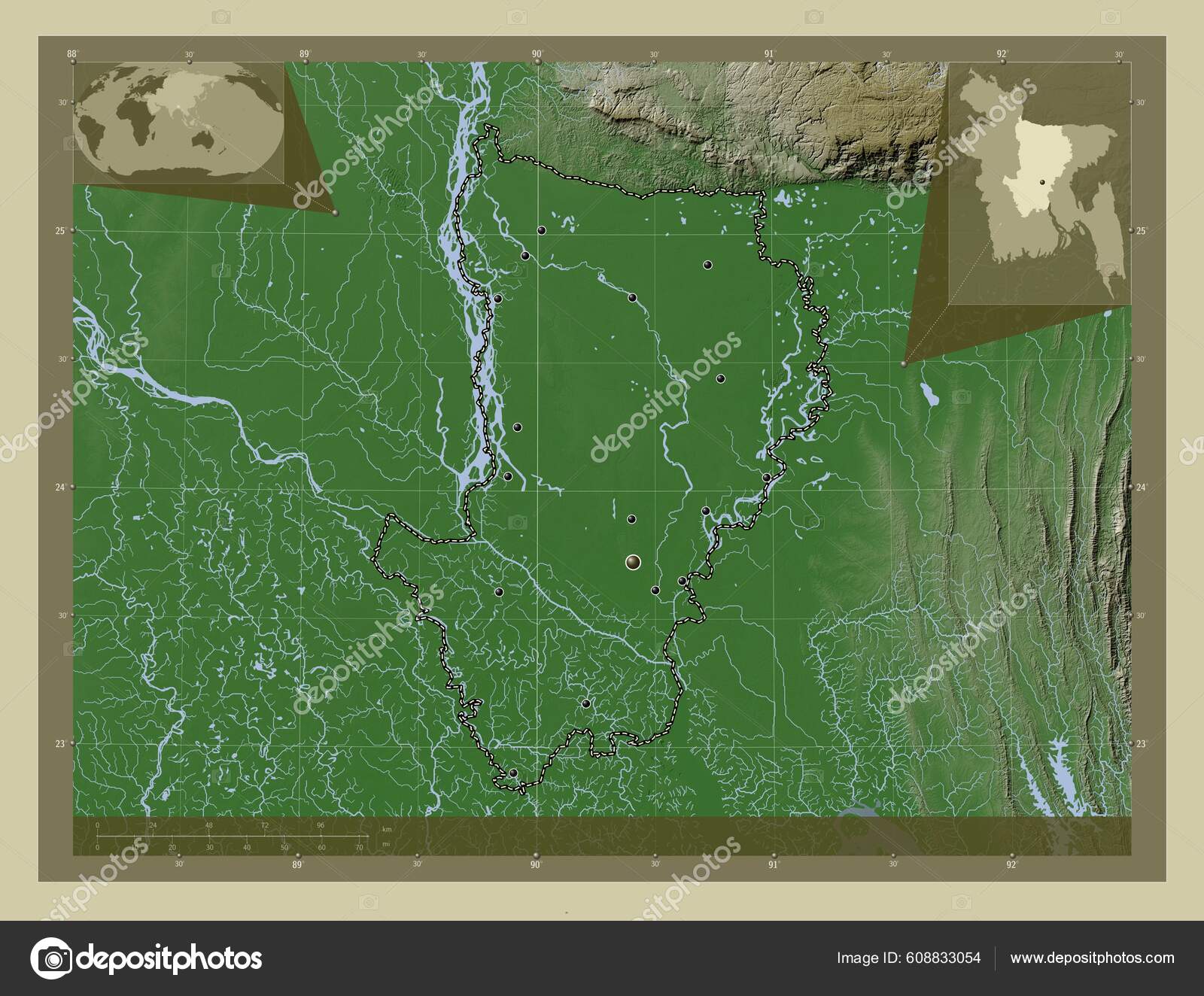 Dhaka Division Bangladesh Elevation Map Colored Wiki Style Lakes Rivers ...