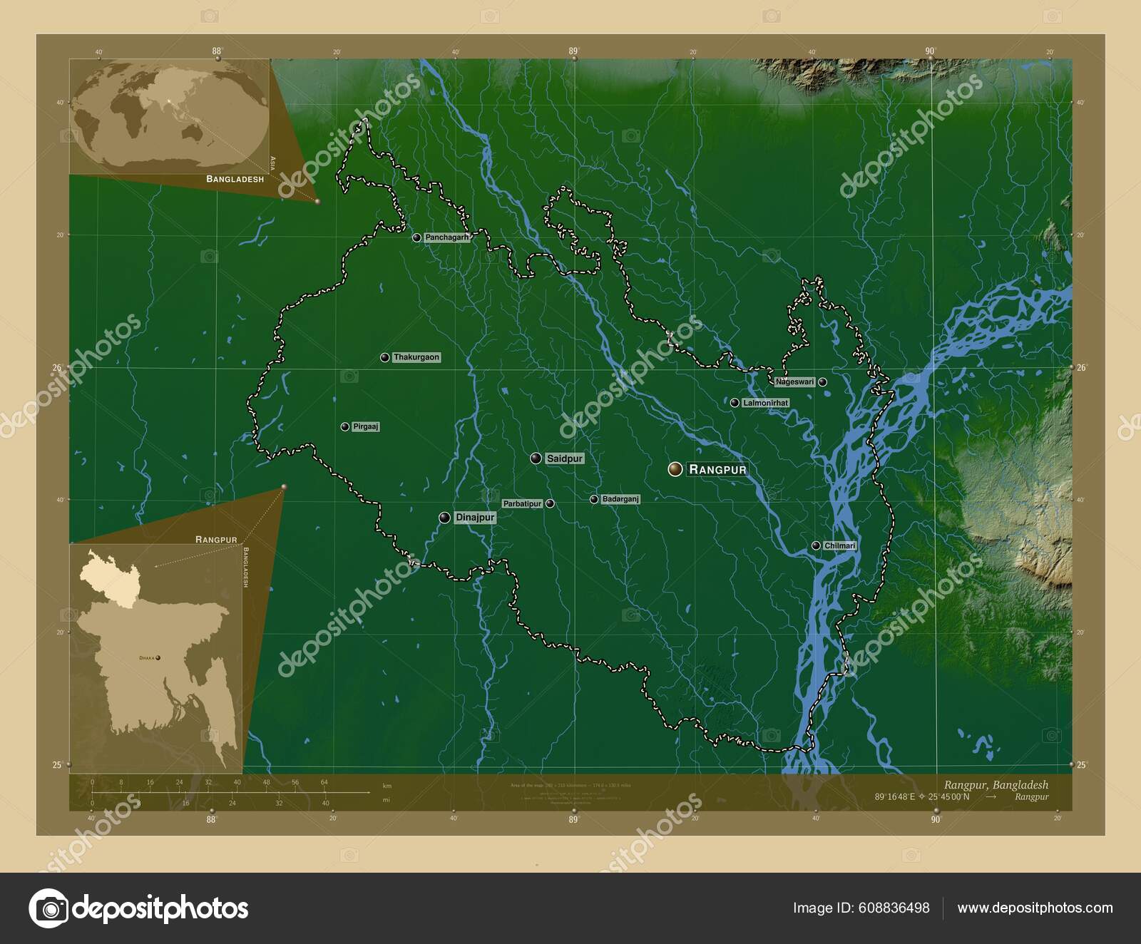 Rangpur Division Bangladesh Colored Elevation Map Lakes Rivers ...