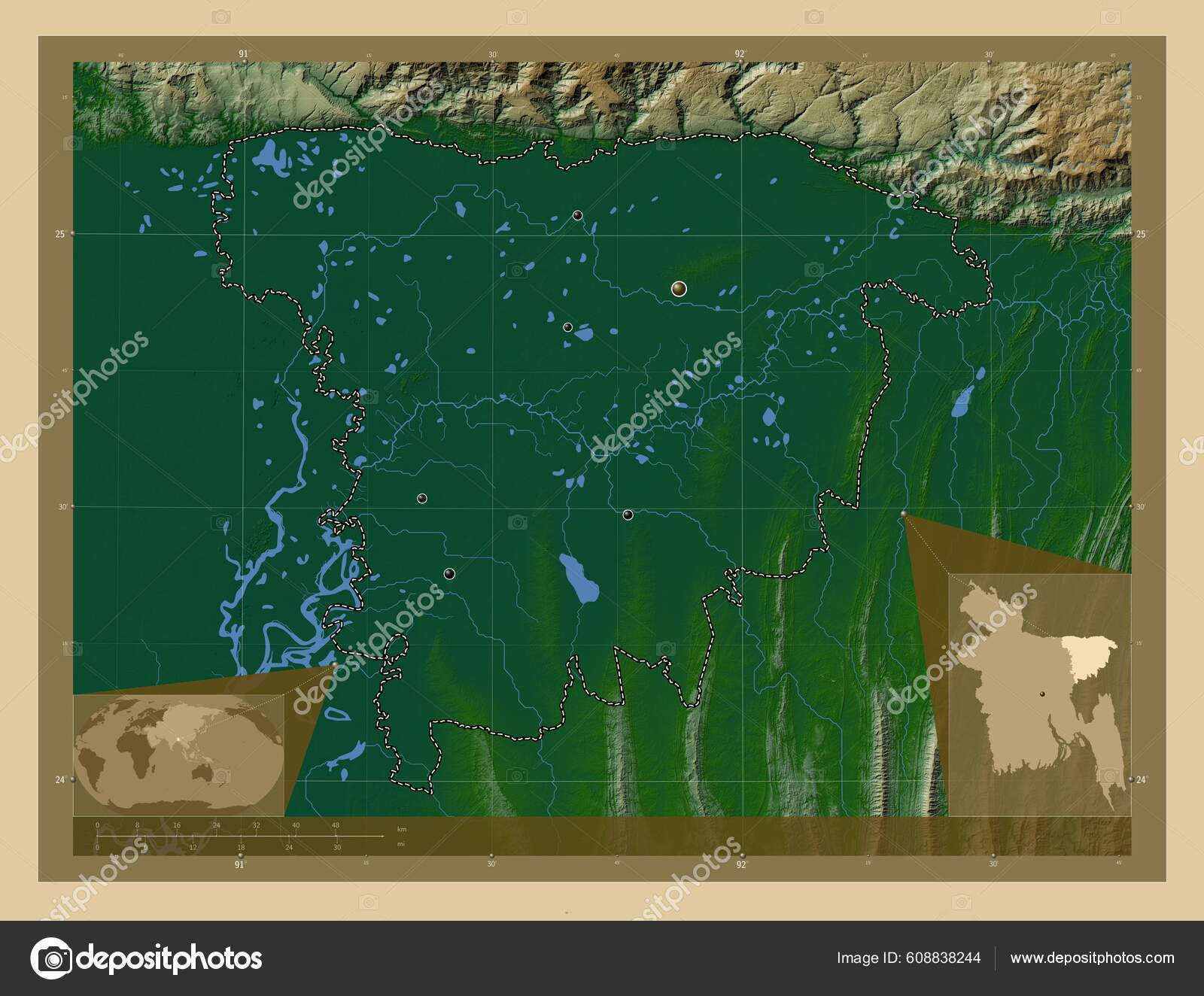 Sylhet Division Bangladesh Colored Elevation Map Lakes Rivers Locations ...