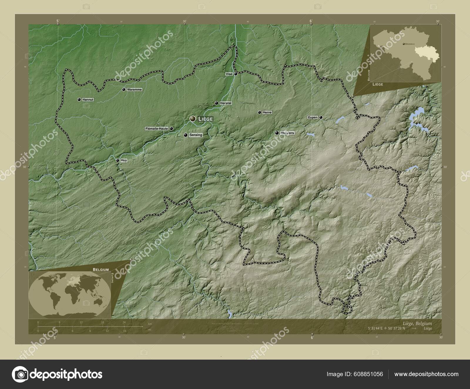 Liege Province Belgium Elevation Map Colored Wiki Style Lakes Rivers ...