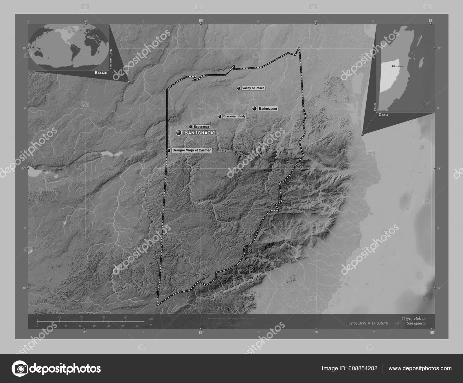 Cayo District Belize Grayscale Elevation Map Lakes Rivers Locations ...
