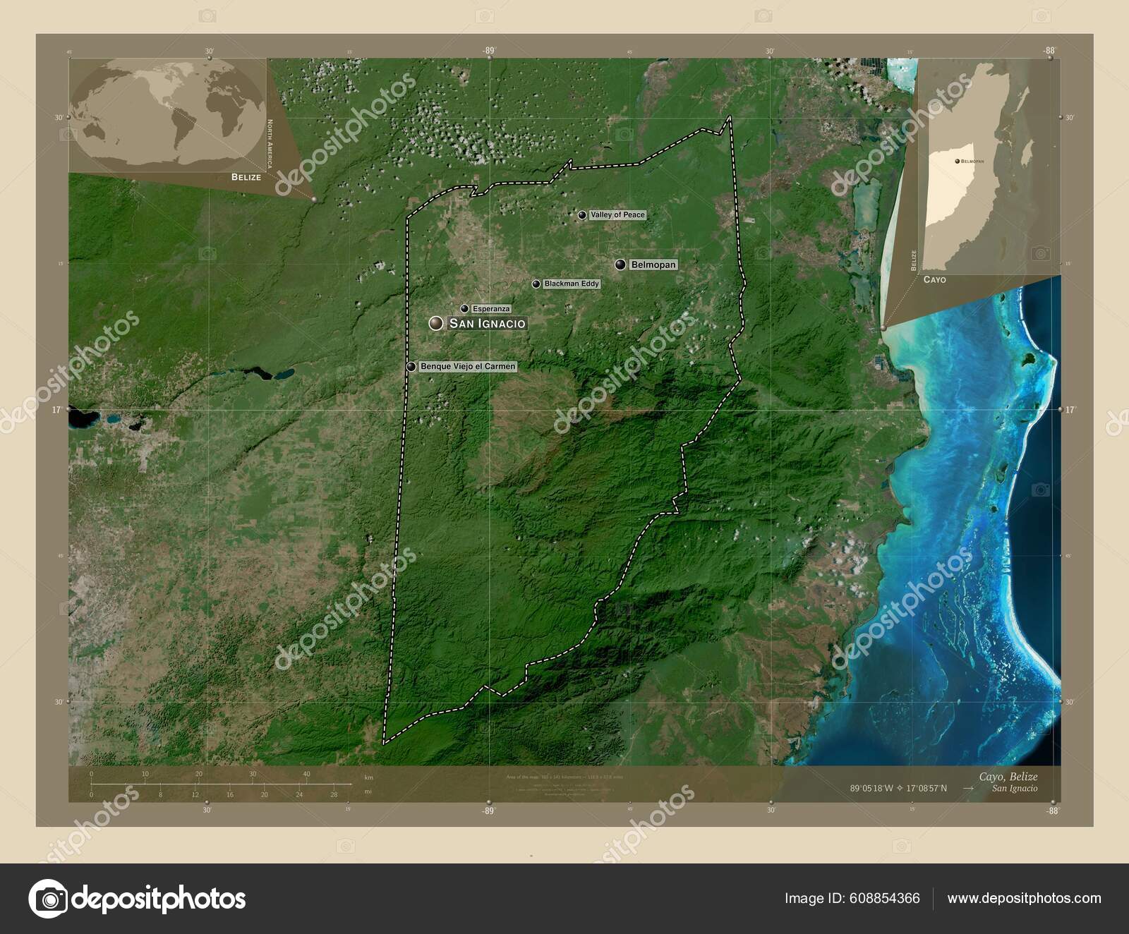 Cayo District Belize High Resolution Satellite Map Locations Names ...