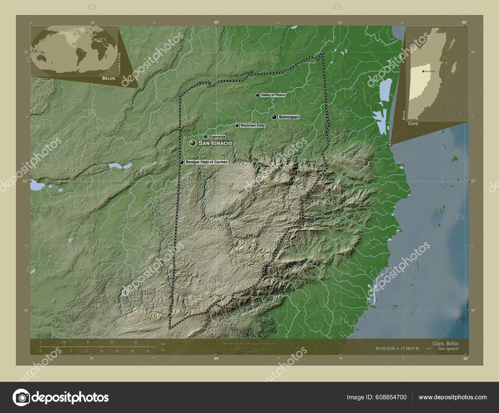 Cayo District Belize Elevation Map Colored Wiki Style Lakes Rivers ...