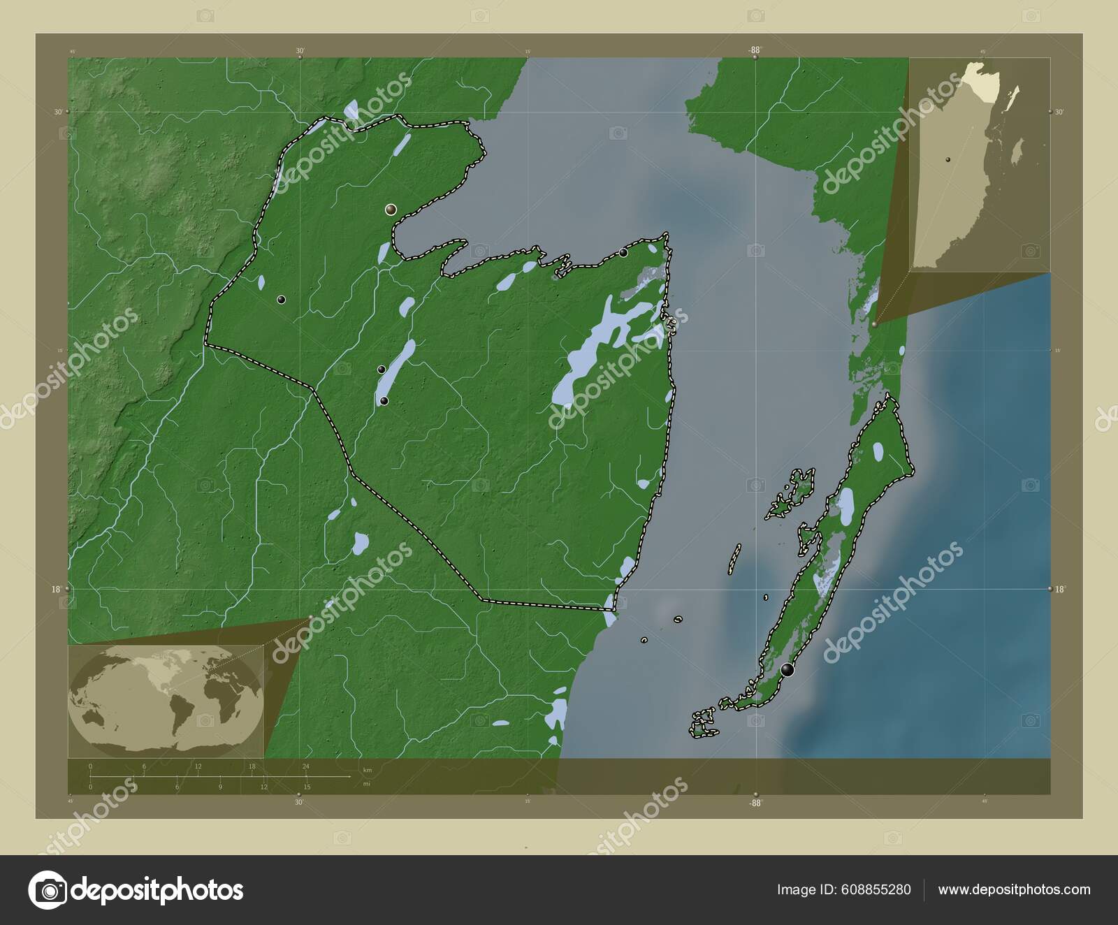 Corozal District Belize Elevation Map Colored Wiki Style Lakes Rivers ...