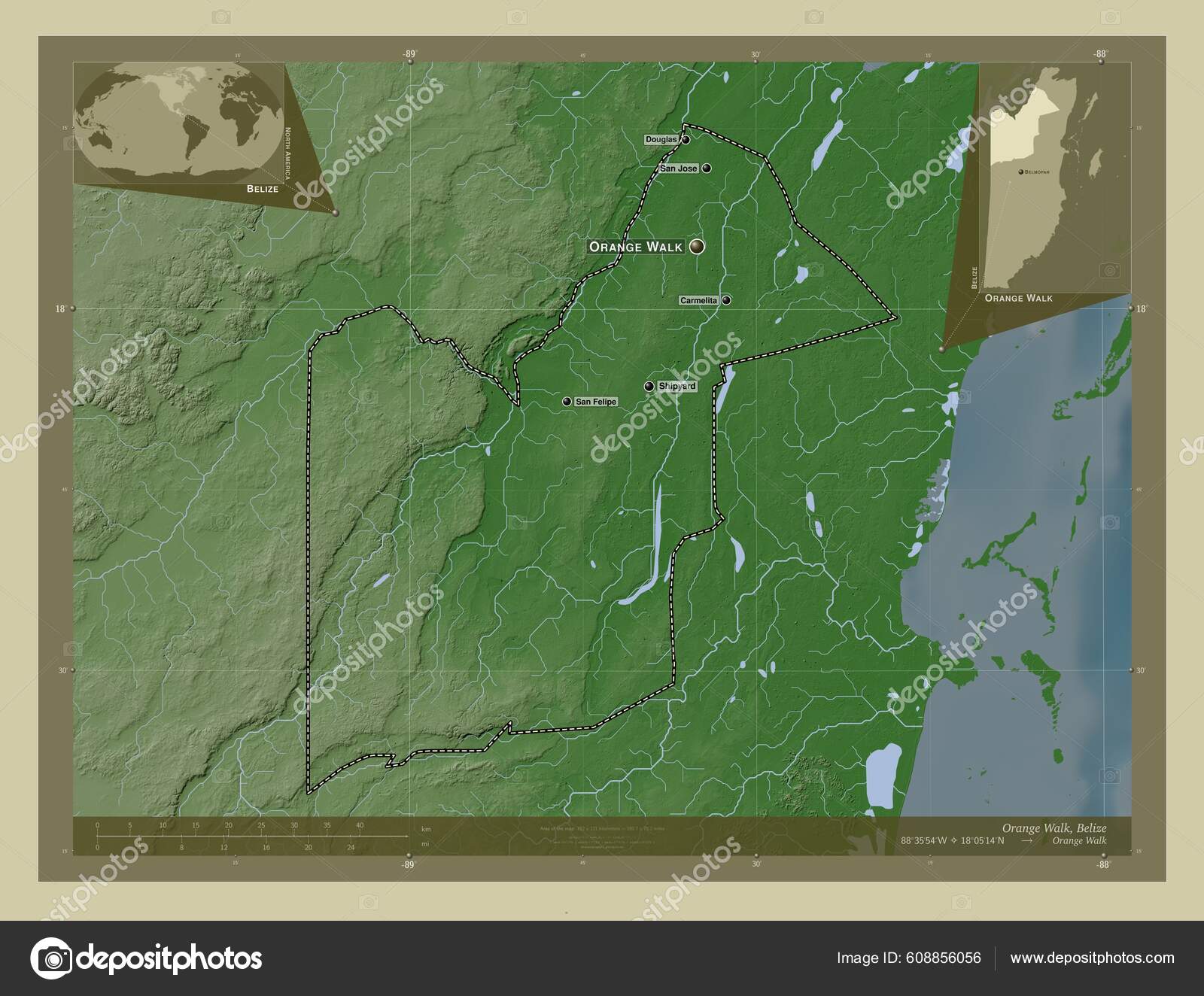 Orange Walk District Belize Elevation Map Colored Wiki Style Lakes — Stock Photo © Yarr65 #608856056