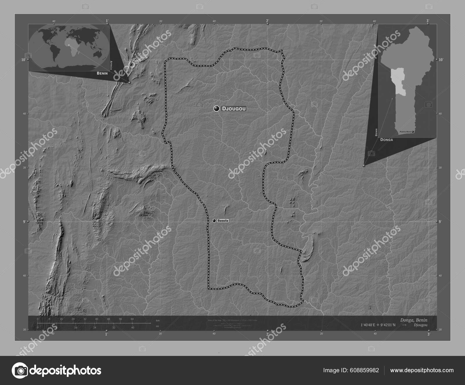 Donga Department Benin Bilevel Elevation Map Lakes Rivers Locations ...