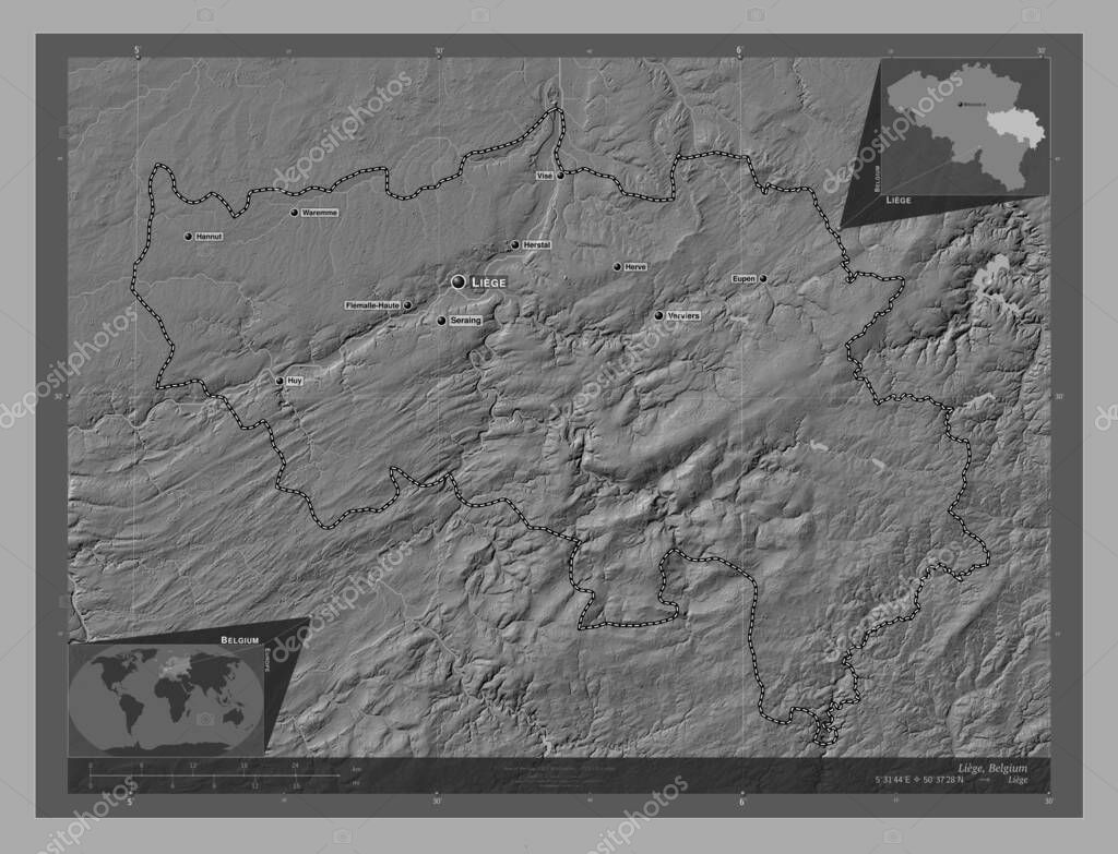 Lieja, provincia de Bélgica. Mapa de elevación de Bilevel con lagos y ...