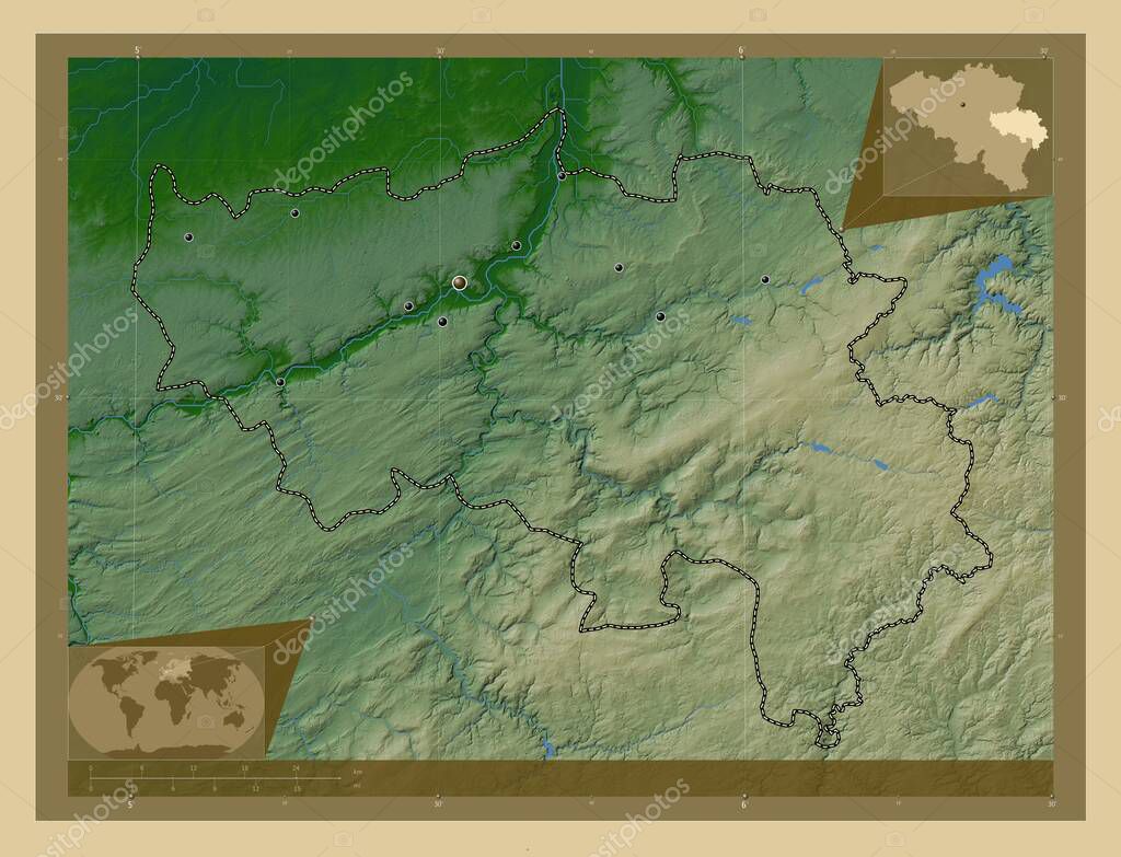 Lieja, provincia de Bélgica. Mapa de elevación de colores con lagos y ...