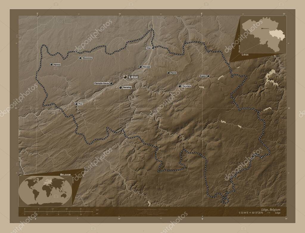 Lieja, provincia de Bélgica. Mapa de elevación coloreado en tonos sepia ...