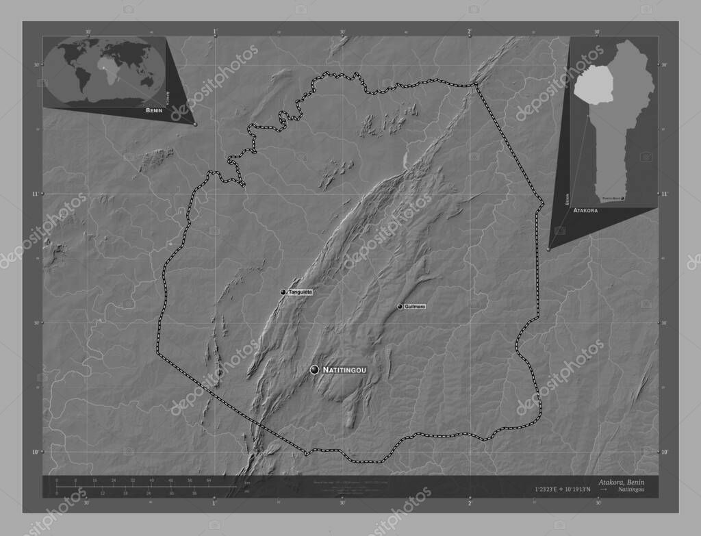Atakora, departamento de Benín. Mapa de elevación de Bilevel con lagos ...