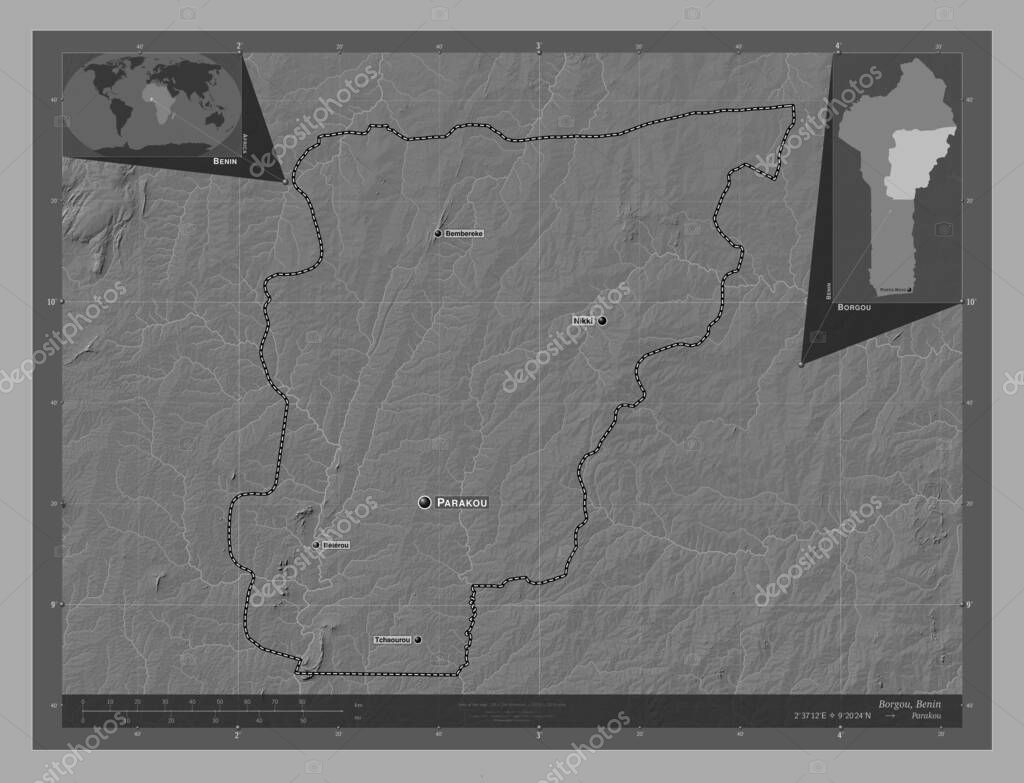 Borgou, departamento de Benín. Mapa de elevación de Bilevel con lagos y ...