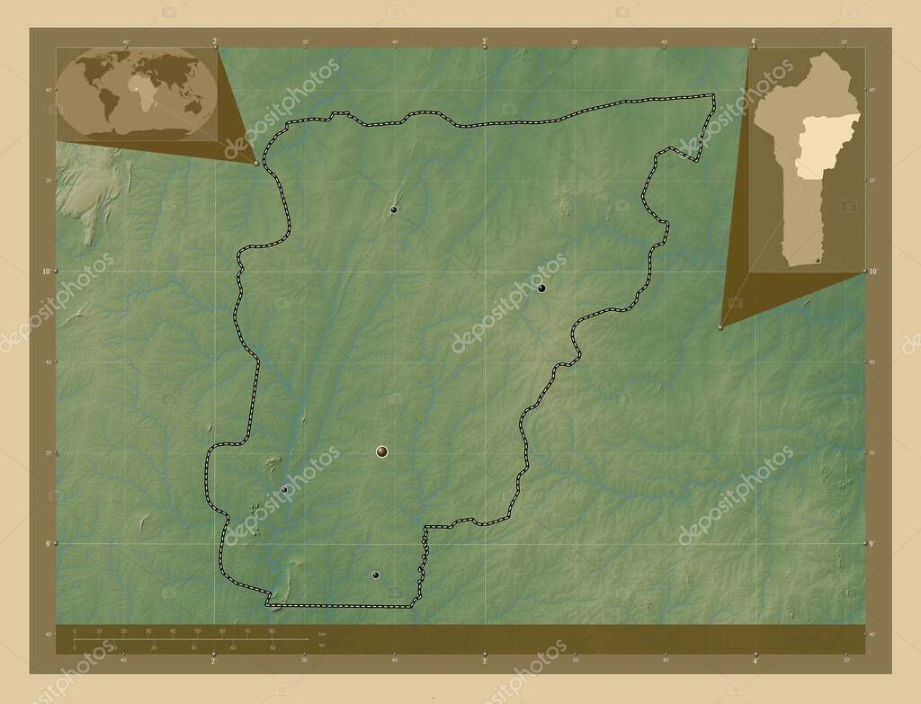 Borgou, departamento de Benín. Mapa de elevación de colores con lagos y ...