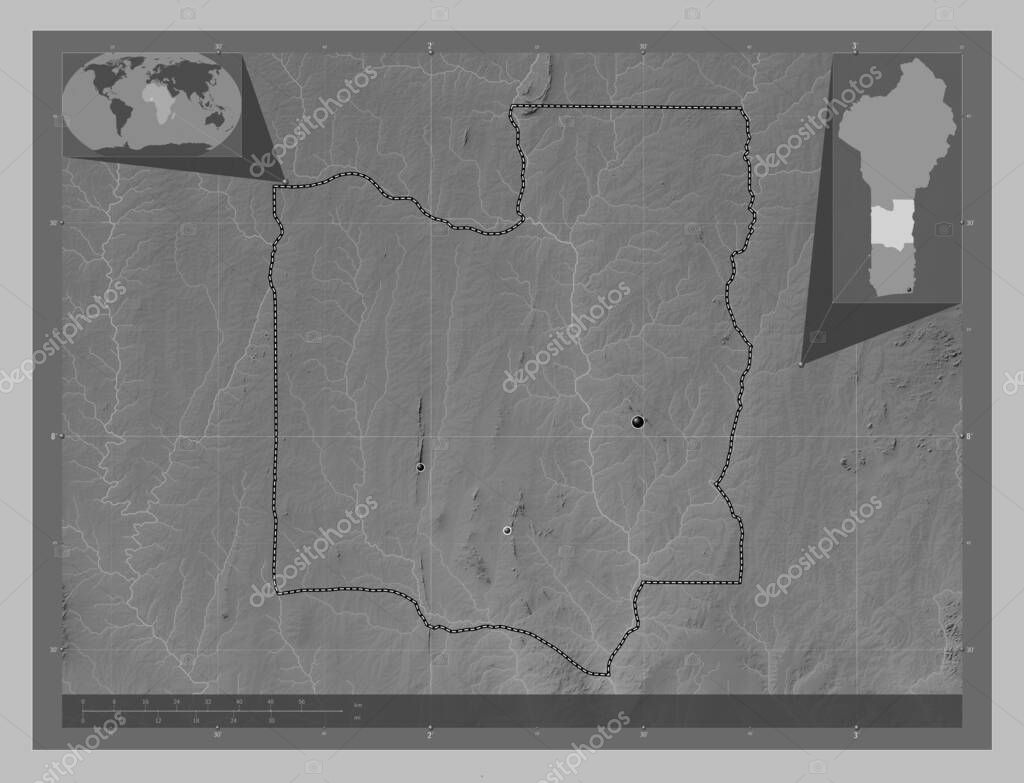 Collines, departamento de Benín. Mapa de elevación a escala de grises ...