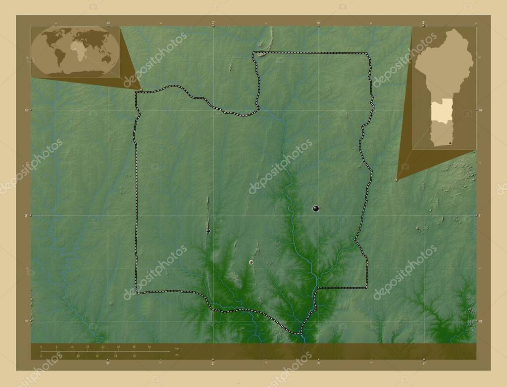 Collines, departamento de Benín. Mapa de elevación de colores con lagos ...