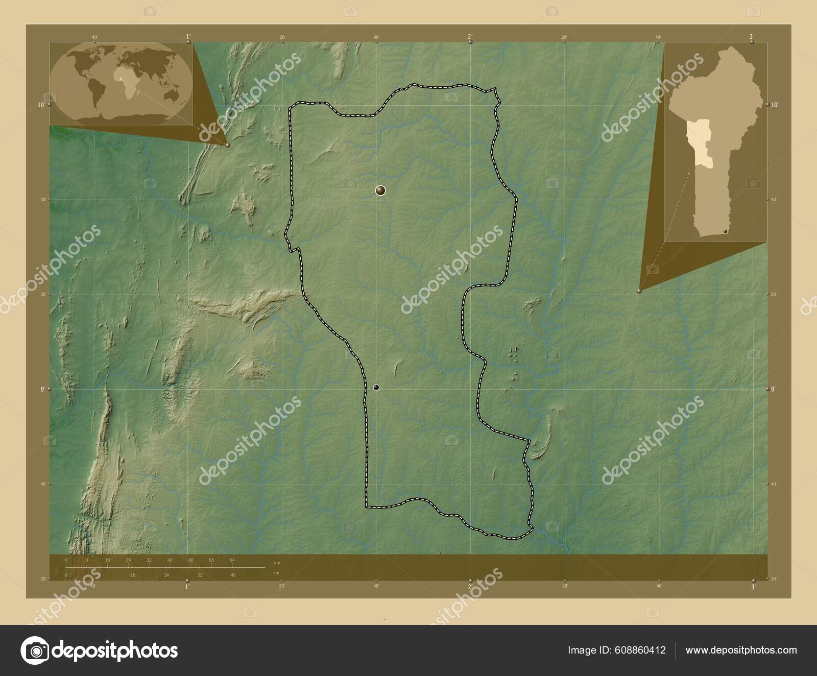 Donga Department Benin Colored Elevation Map Lakes Rivers Locations ...