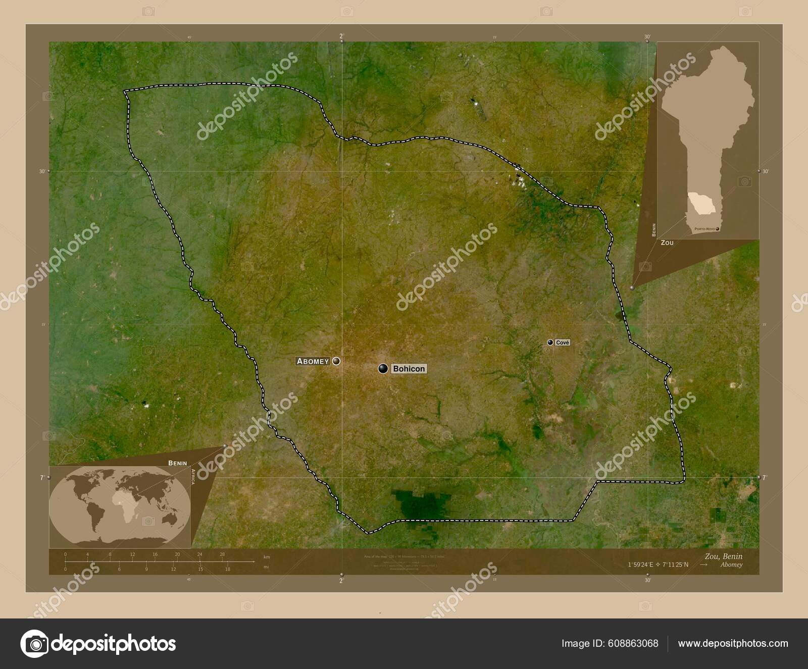 Zou Department Benin Low Resolution Satellite Map Locations Names Major ...