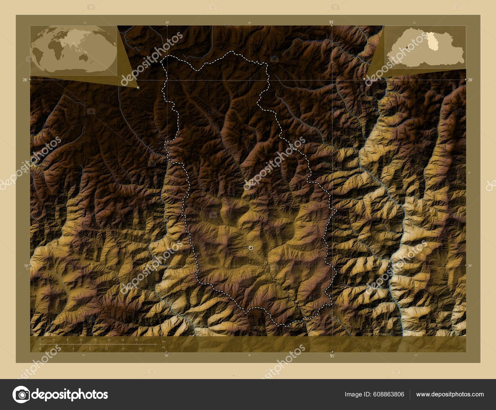 Bumthang District Bhutan Colored Elevation Map Lakes Rivers Locations ...