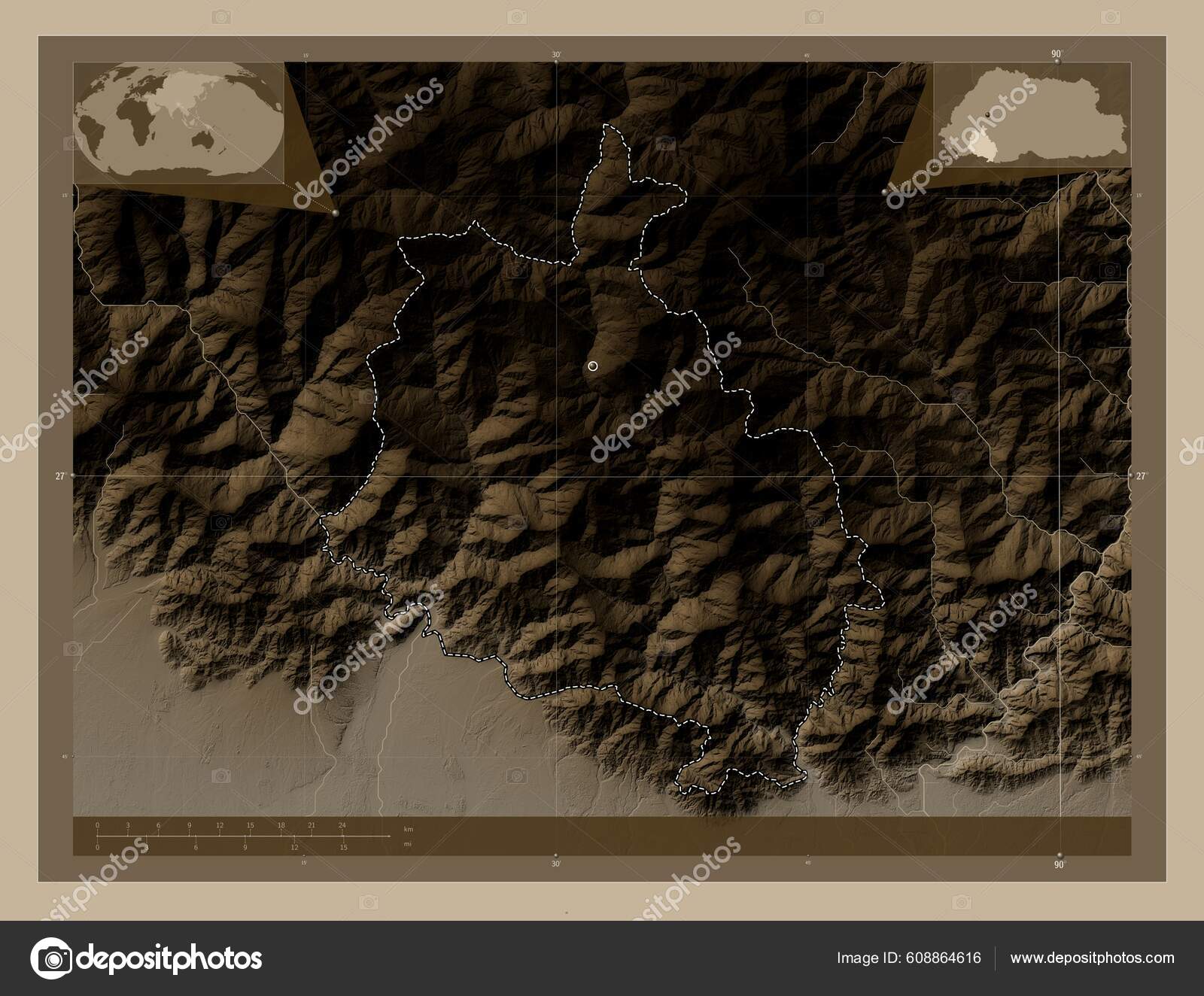 Chhukha District Bhutan Elevation Map Colored Sepia Tones Lakes Rivers Stock Photo by ©Yarr65 ...