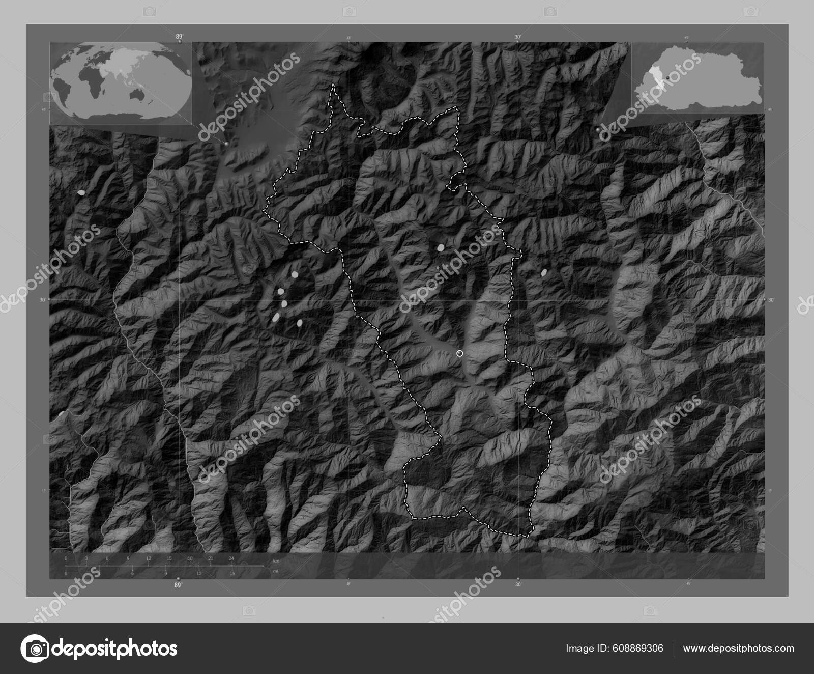 Paro District Bhutan Grayscale Elevation Map Lakes Rivers Corner Auxiliary — Stock Photo ...
