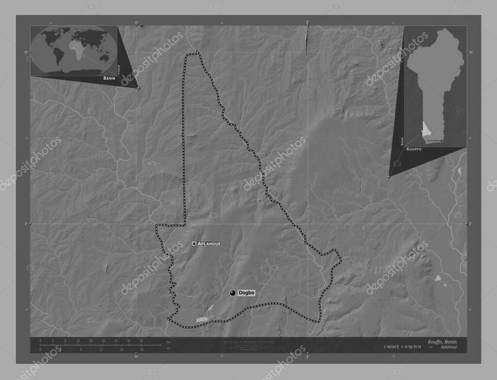 Kouffo, departamento de Benin. Mapa de elevación de Bilevel con lagos y ríos. Ubicaciones y ...