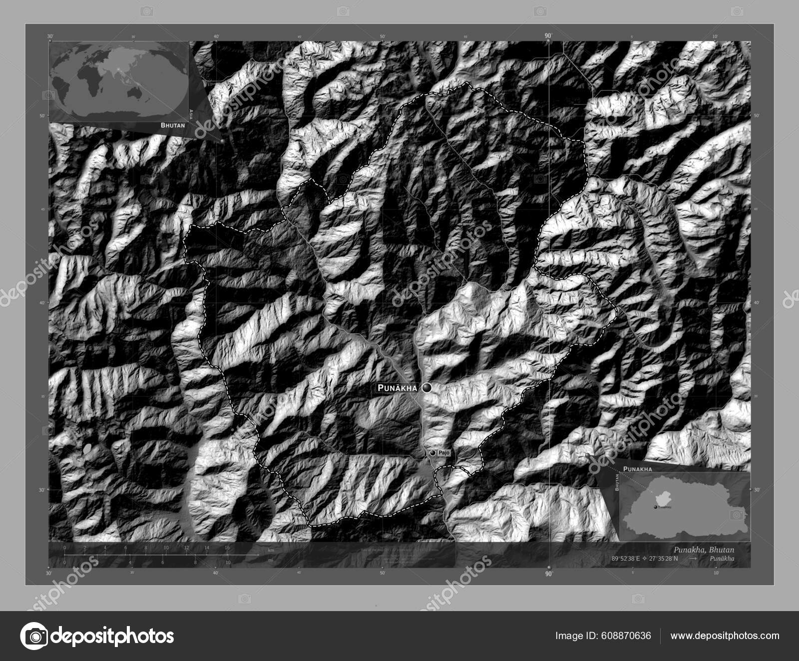Punakha District Bhutan Bilevel Elevation Map Lakes Rivers Locations ...