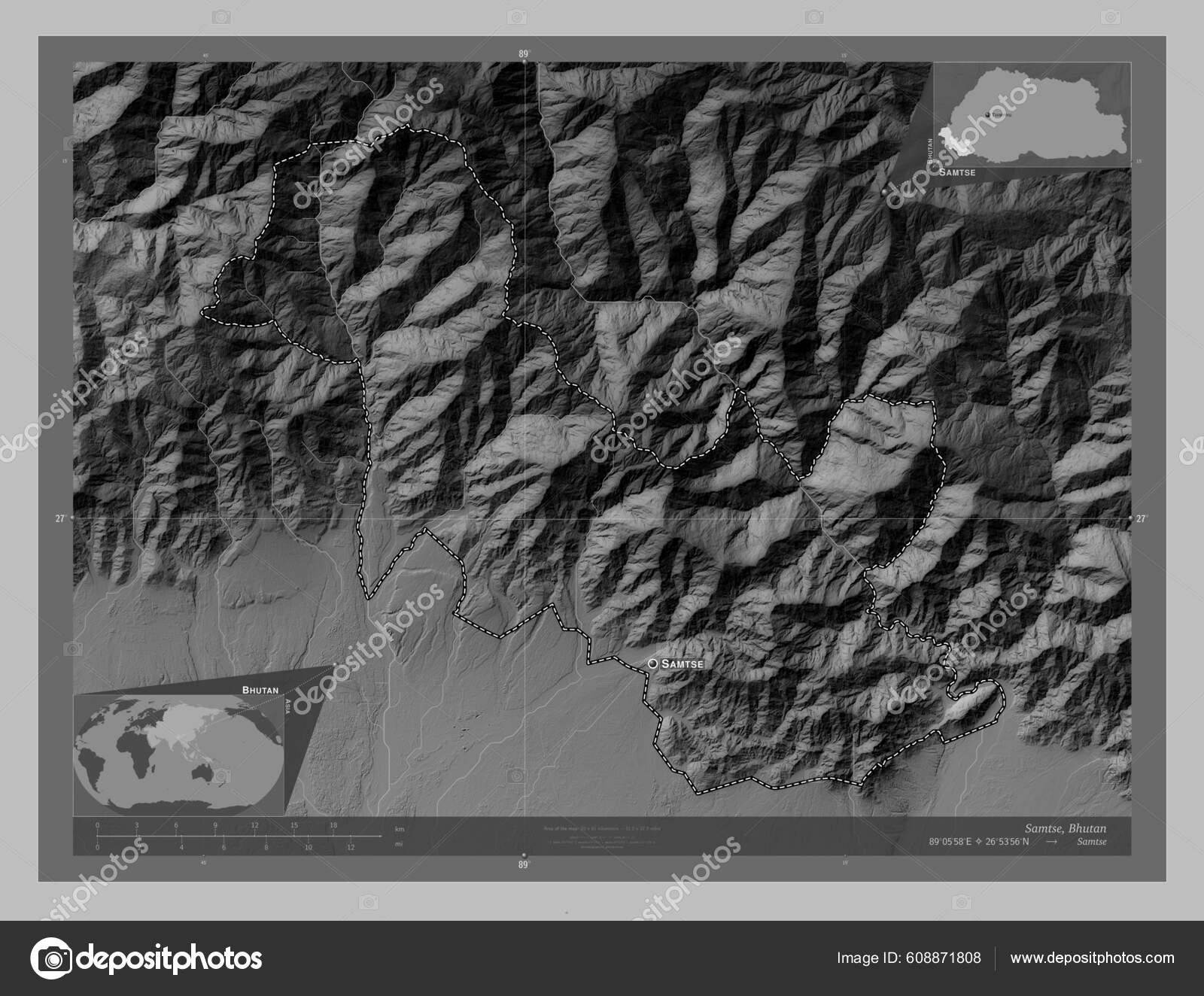 Samtse District Bhutan Grayscale Elevation Map Lakes Rivers Locations ...