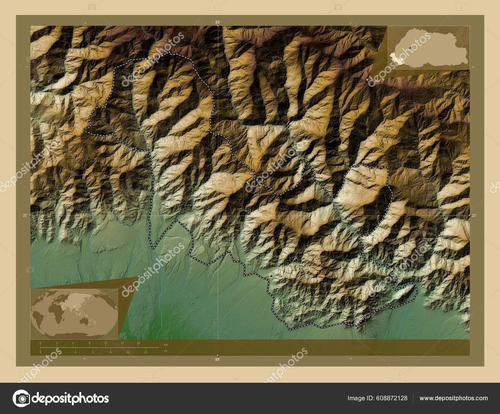 Samtse District Bhutan Colored Elevation Map Lakes Rivers Locations ...
