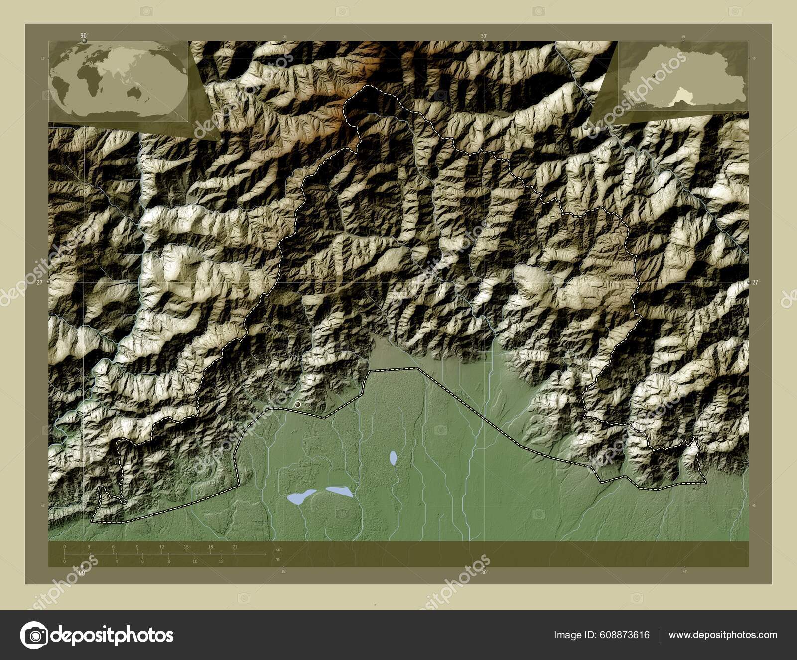 Sarpang District Bhutan Elevation Map Colored Wiki Style Lakes Rivers ...