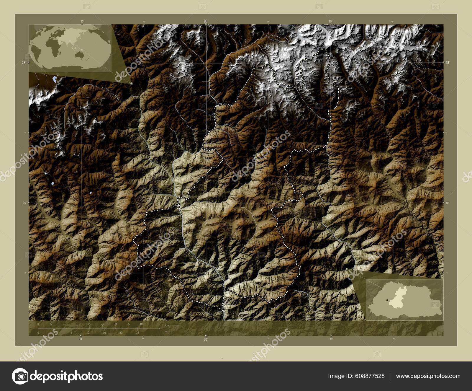 Wangduephodrang District Bhutan Elevation Map Colored Wiki Style Lakes Rivers — Stock Photo ...