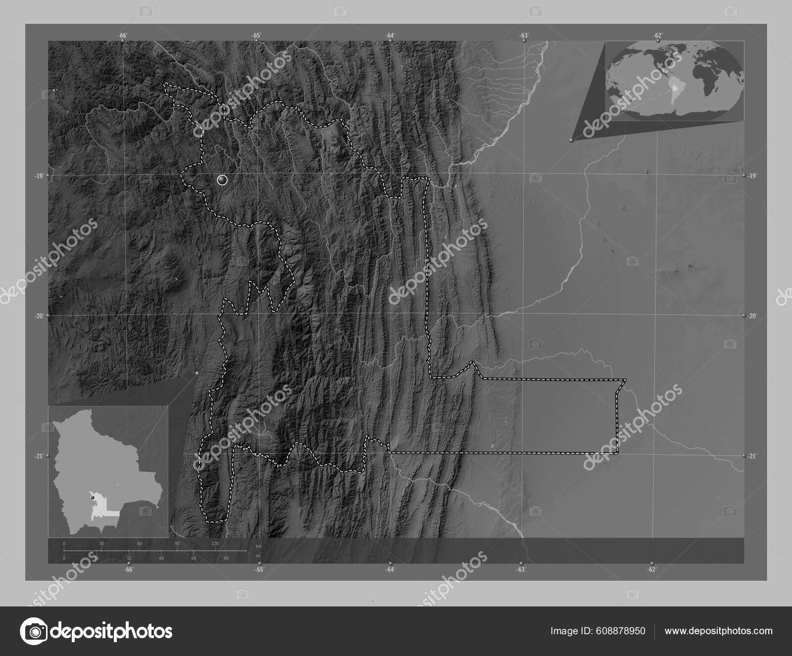 Chuquisaca Department Bolivia Grayscale Elevation Map Lakes Rivers Corner Auxiliary — Stock ...