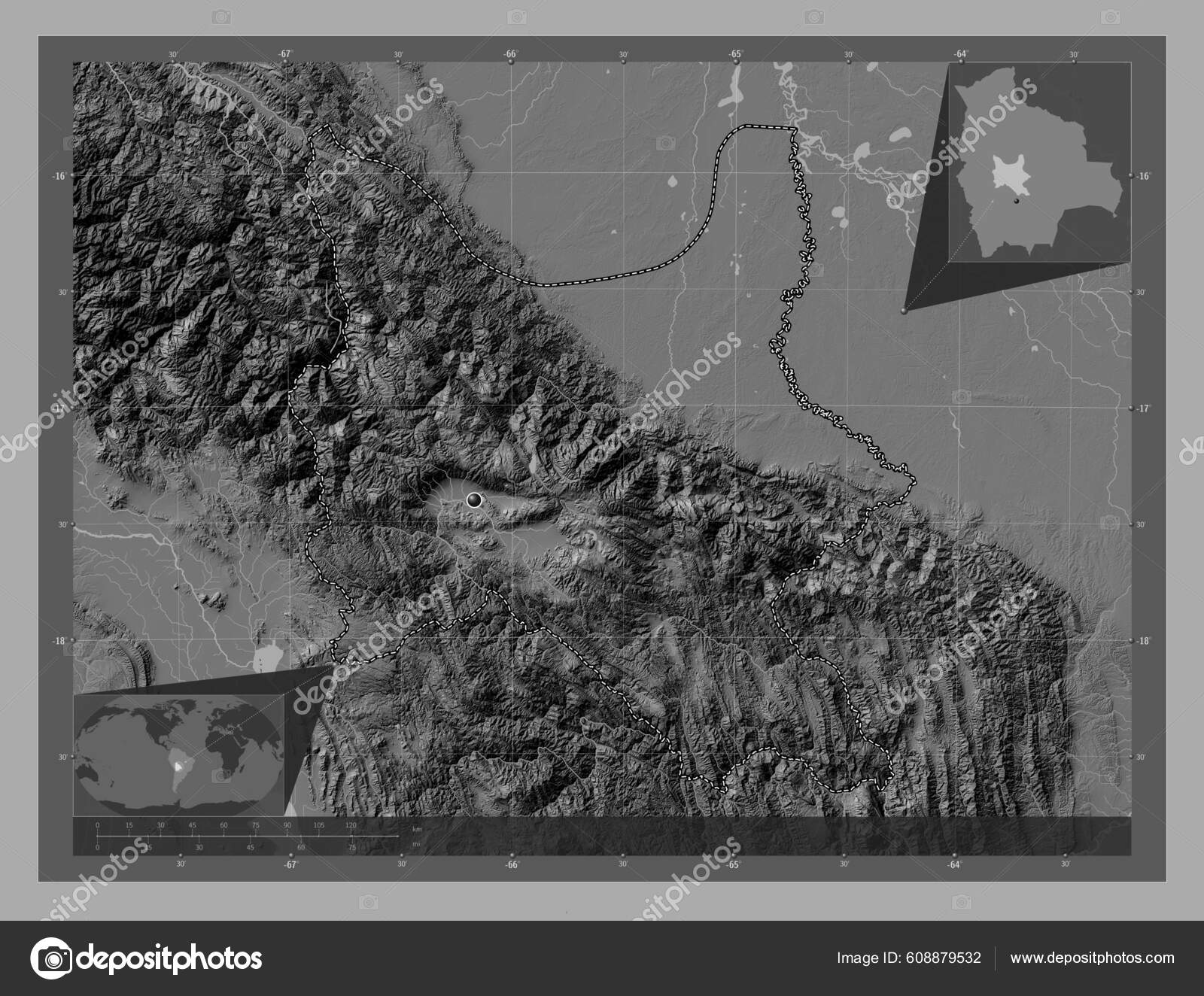 Cochabamba Department Bolivia Bilevel Elevation Map Lakes Rivers Corner Auxiliary — Stock Photo ...