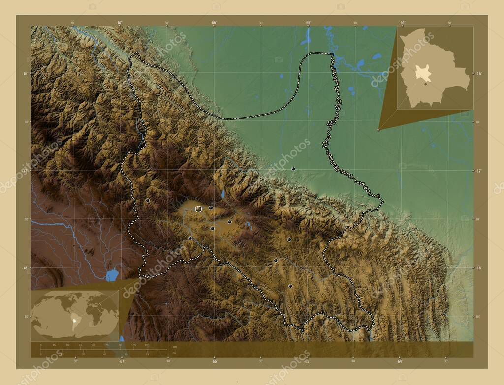 Cochabamba, departamento de Bolivia. Mapa de elevación de colores con ...