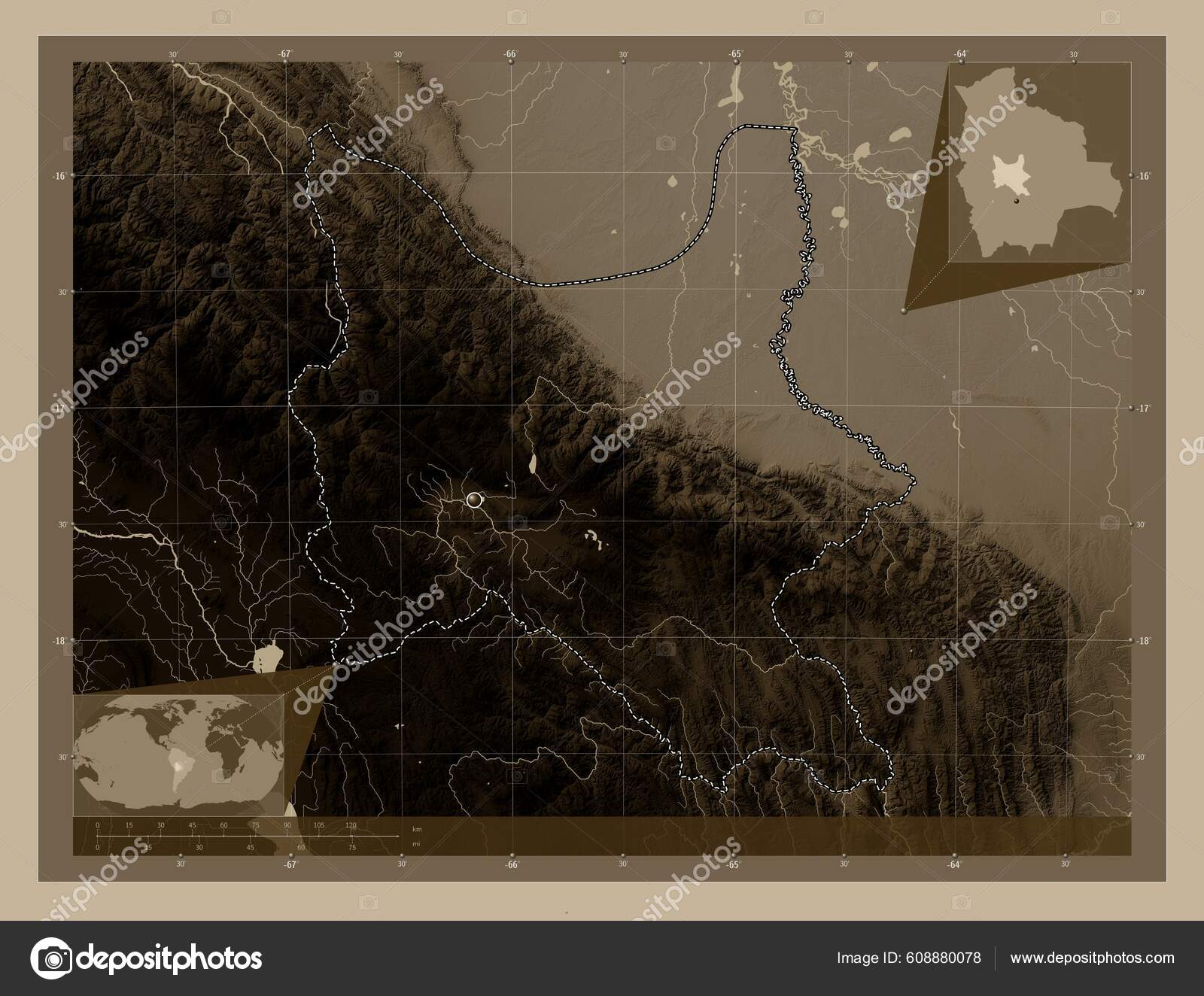 Cochabamba Department Bolivia Elevation Map Colored Sepia Tones Lakes Rivers — Stock Photo ...