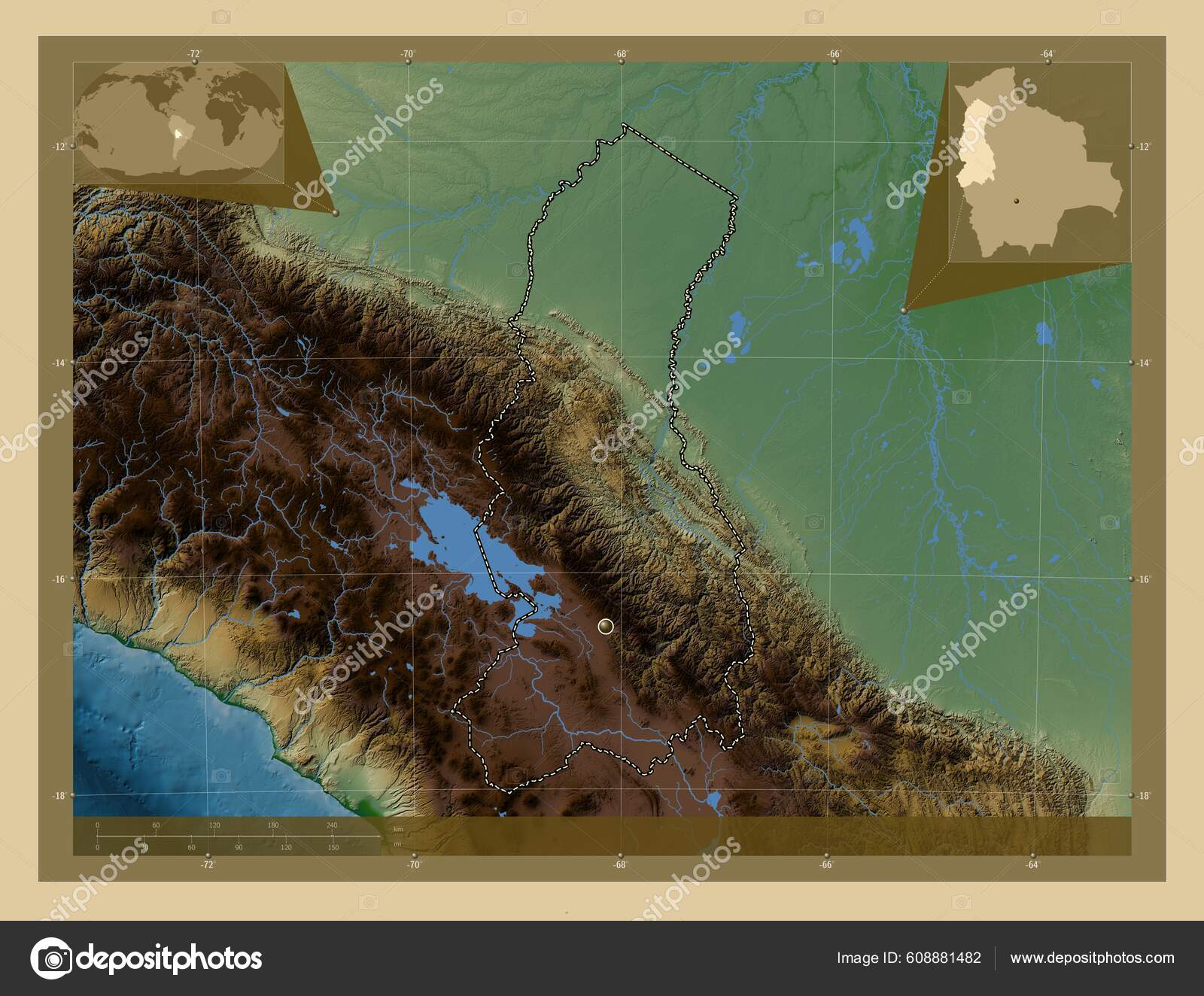 Paz Department Bolivia Colored Elevation Map Lakes Rivers Corner ...