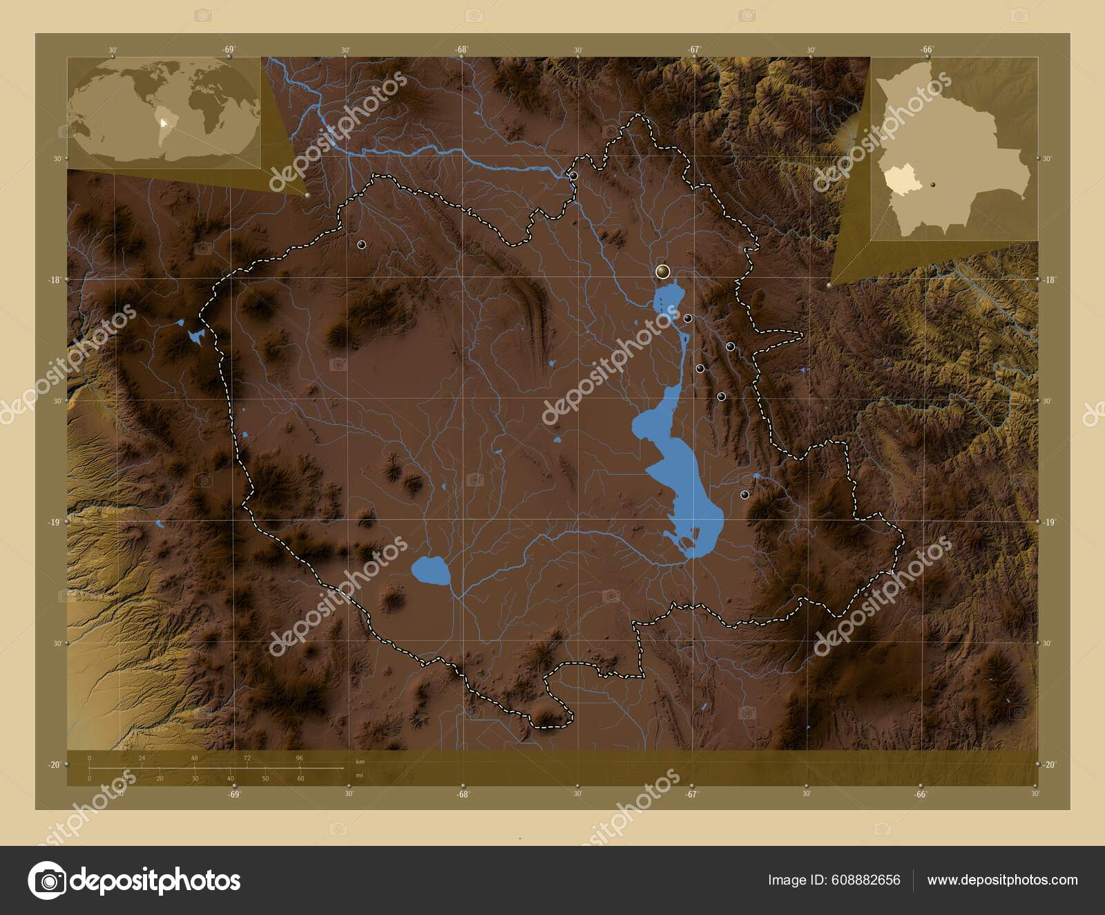 Oruro Department Bolivia Colored Elevation Map Lakes Rivers Locations ...