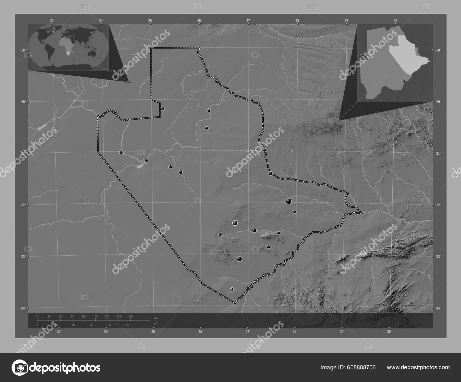 Central District Botswana Bilevel Elevation Map Lakes Rivers Locations ...