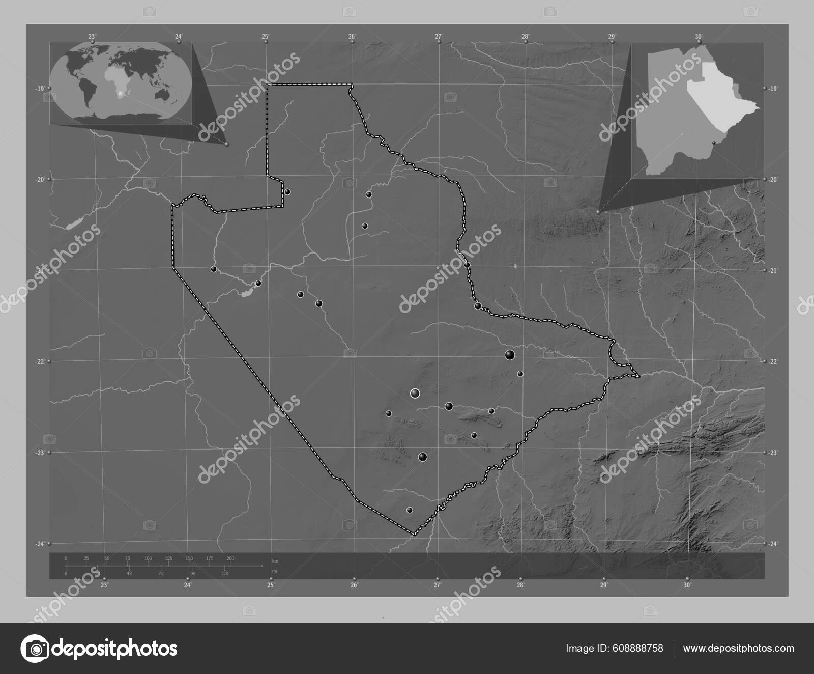 Central District Botswana Grayscale Elevation Map Lakes Rivers ...