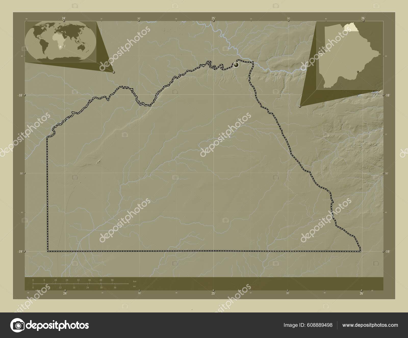 Chobe District Botswana Elevation Map Colored Wiki Style Lakes Rivers ...