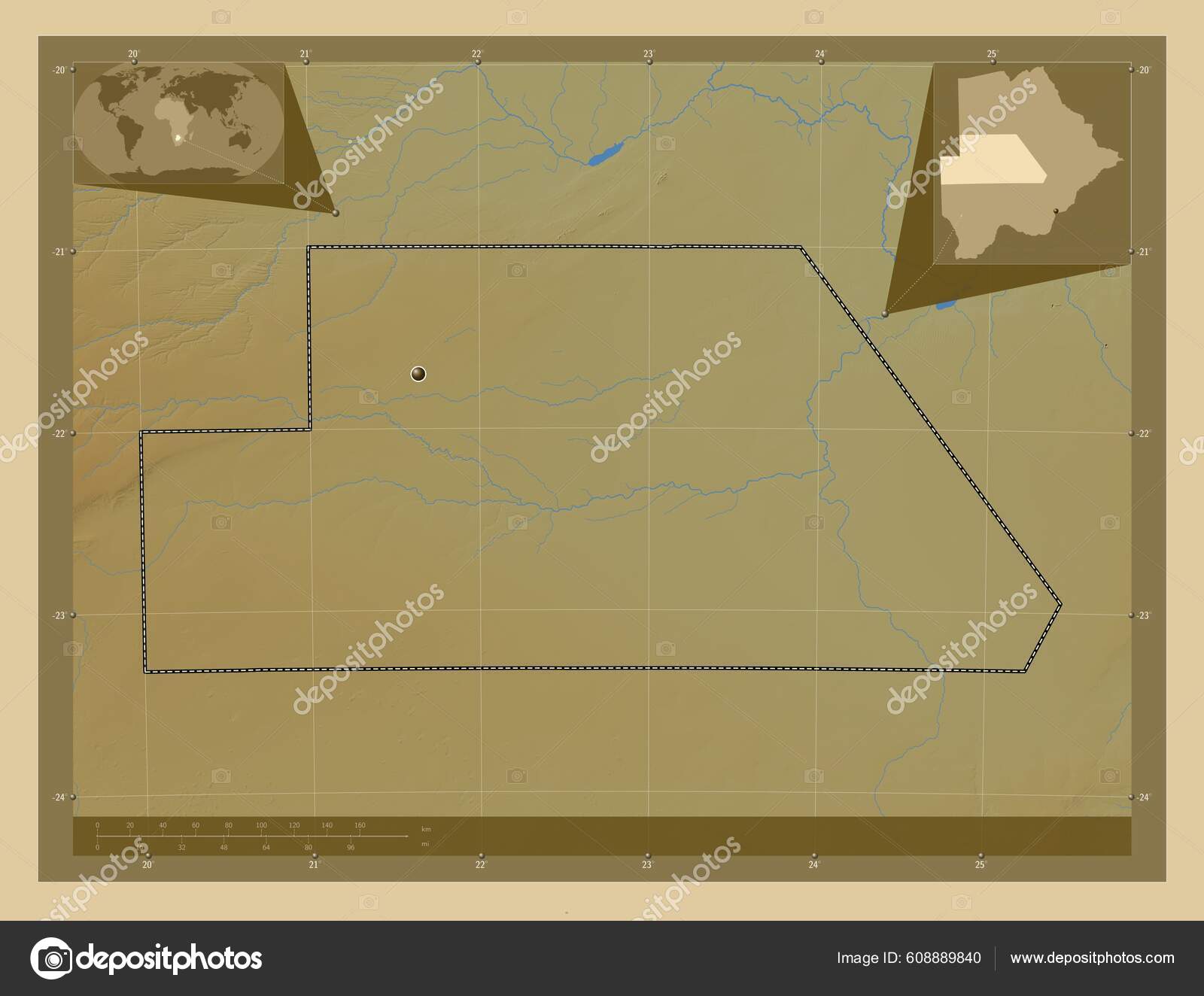 Ghanzi District Botswana Colored Elevation Map Lakes Rivers Corner ...