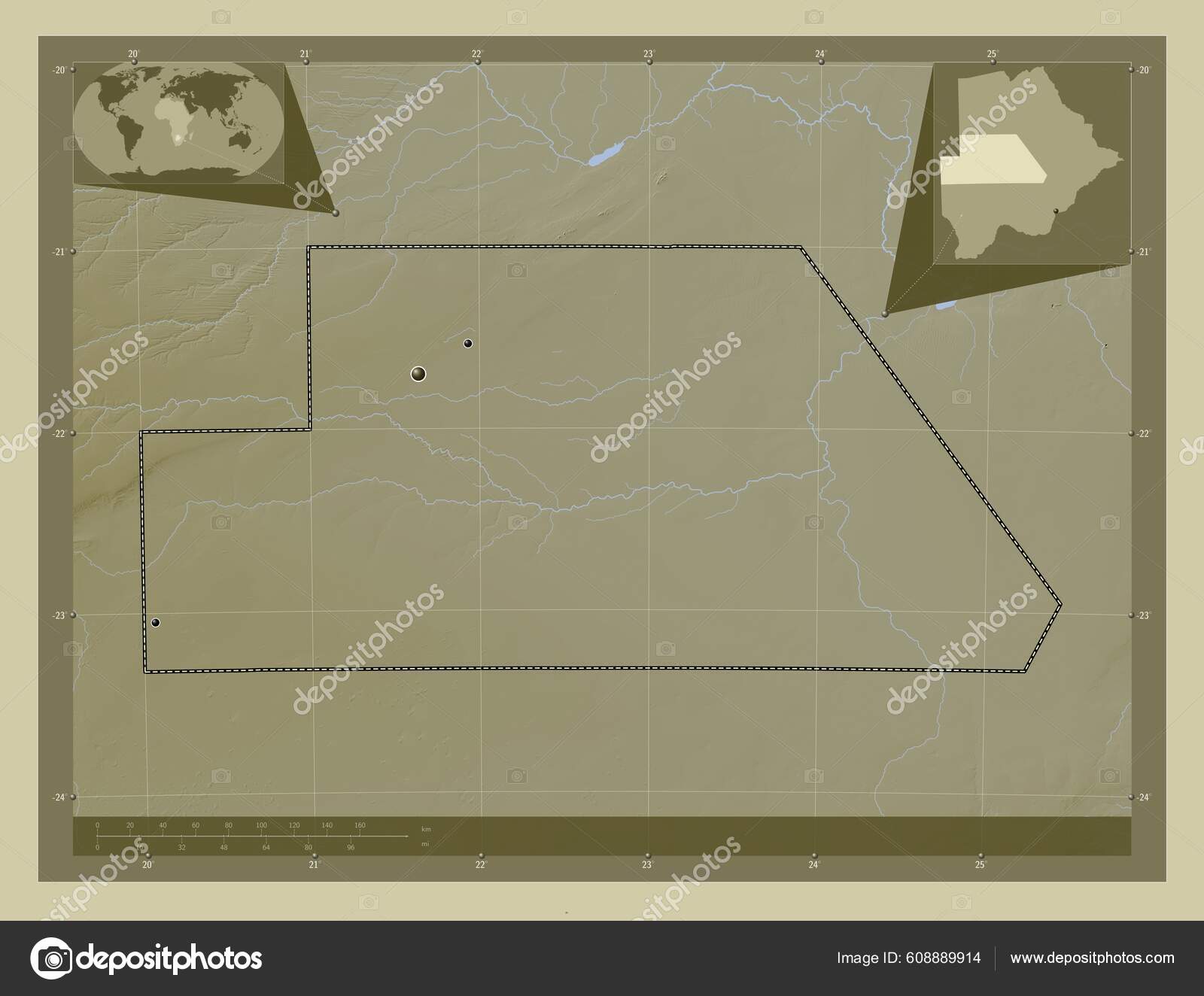Ghanzi District Botswana Elevation Map Colored Wiki Style Lakes Rivers ...
