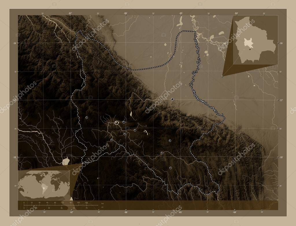 Cochabamba, departamento de Bolivia. Mapa de elevación coloreado en ...