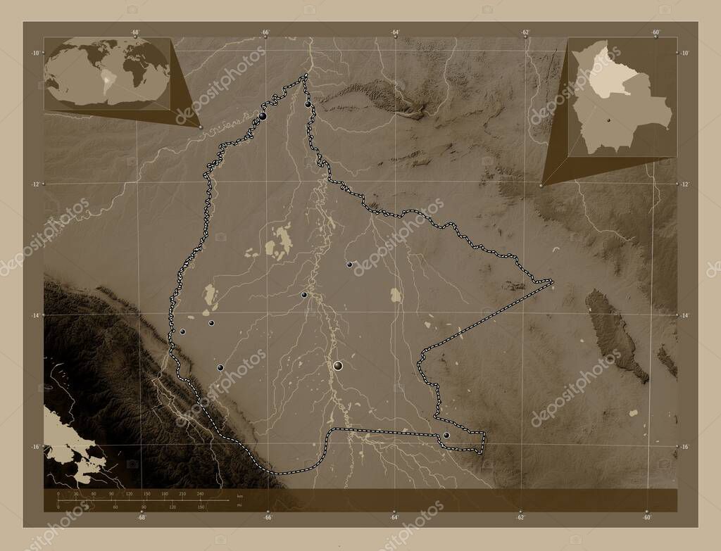 El Beni, departamento de Bolivia. Mapa de elevación coloreado en tonos ...