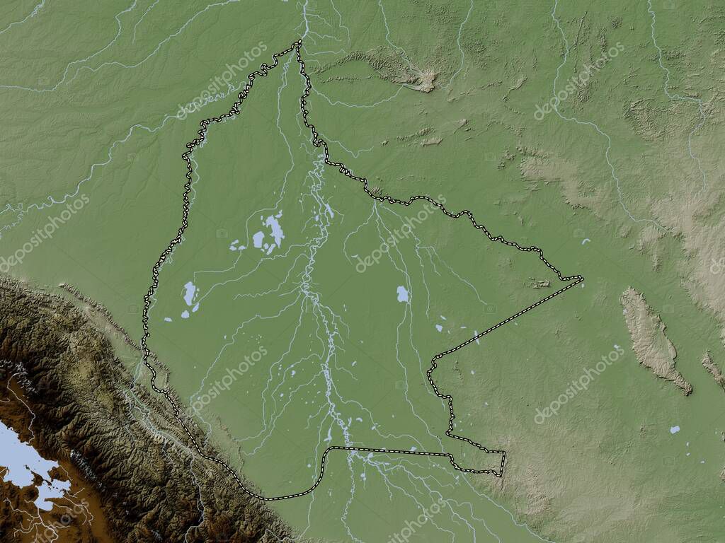 El Beni, departamento de Bolivia. Mapa de elevación coloreado en estilo ...