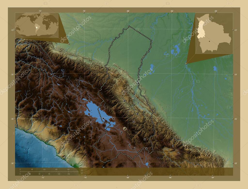 La Paz, departamento de Bolivia. Mapa de elevación de colores con lagos ...