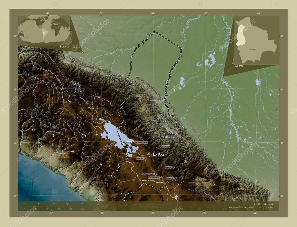 La Paz, departamento de Bolivia. Mapa de elevación coloreado en estilo ...