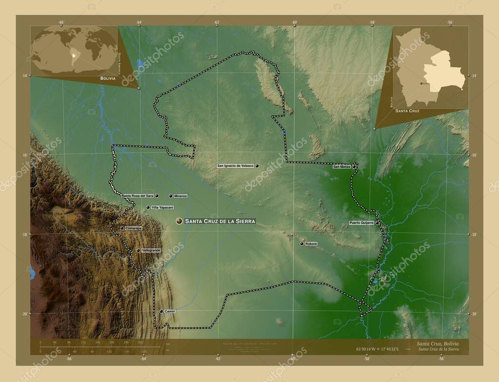 Santa Cruz, departamento de Bolivia. Mapa de elevación de colores con ...