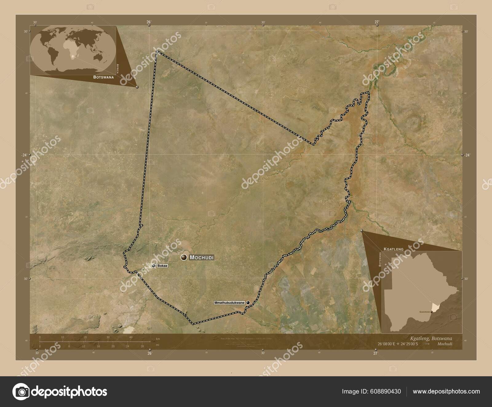 Kgatleng District Botswana Low Resolution Satellite Map Locations Names ...
