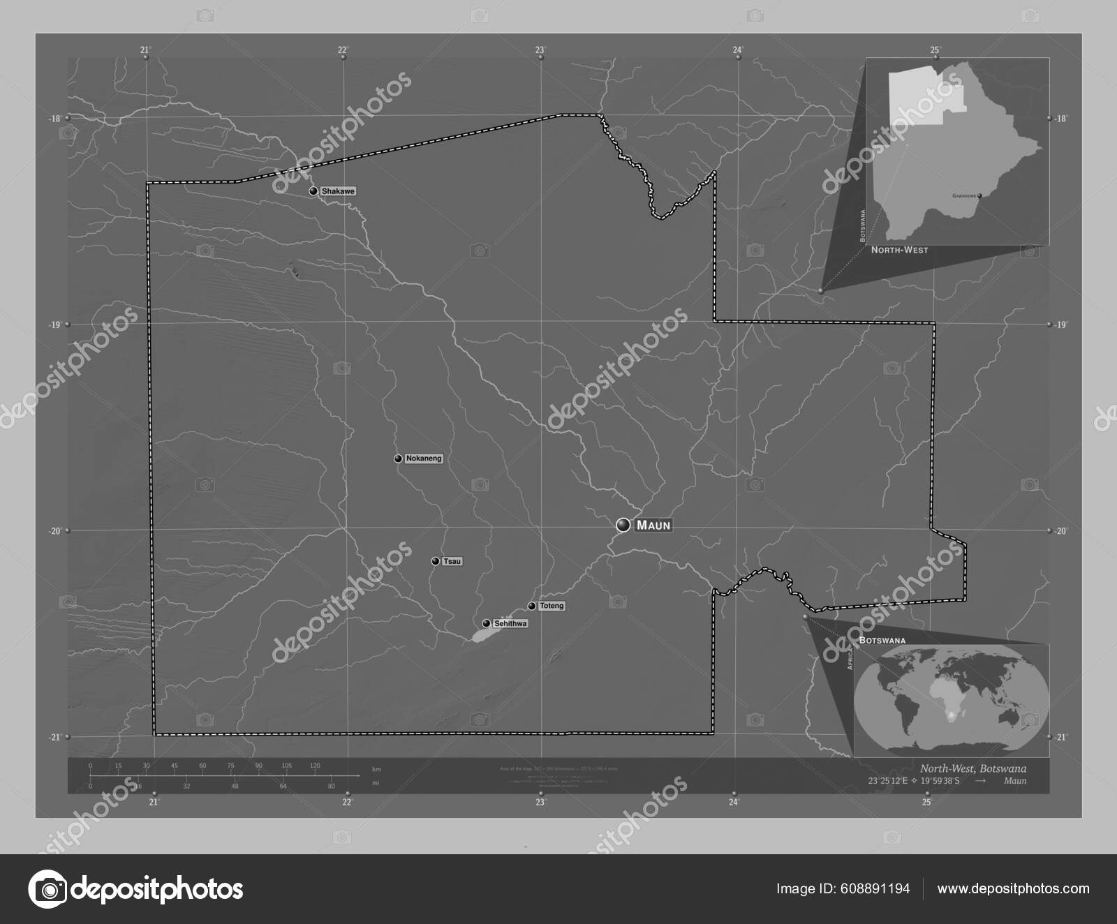 North West District Botswana Grayscale Elevation Map Lakes Rivers ...